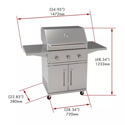 Cina Armadi combinati con griglia piatta autoportante Ruote Barbecue a gas a 3 fuochi con fornello laterale in vendita