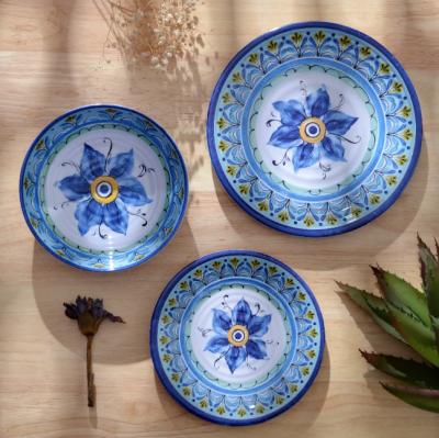China Melamine Dinnerware Set,12pcs Plates and Bowls Sets, Blue Dinnerware Sets for 4 Camping Dinnerware Dishwasher Safe BPA f for sale