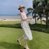 China Strap A Line Backless White Midi Beach Holiday Dresses for sale