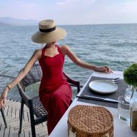 China Backless Halter Neck Split Womens Vacation Dresses for sale