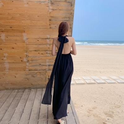 Cina Spaccatura chiffona nera con ampia scollatura sulla schiena della cinghia della capezza del collo a V del vestito dalla spiaggia del legame 136cm in vendita