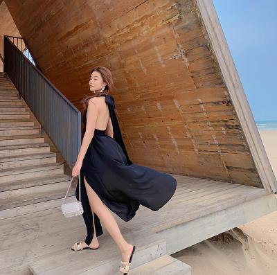Cina Spaccatura chiffona nera con ampia scollatura sulla schiena della cinghia della capezza del collo a V del vestito dalla spiaggia del legame 136cm in vendita