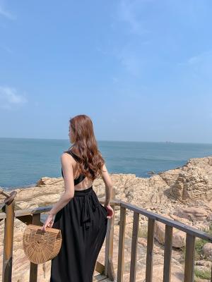Cina Spaccatura chiffona nera con ampia scollatura sulla schiena della cinghia della capezza del collo a V del vestito dalla spiaggia del legame 136cm in vendita