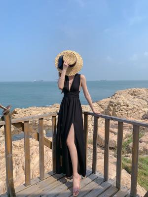 Cina Spaccatura chiffona nera con ampia scollatura sulla schiena della cinghia della capezza del collo a V del vestito dalla spiaggia del legame 136cm in vendita
