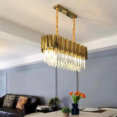 China Lámpara de techo de cristal transparente rectangular dorada, gran candelabro colgante en venta