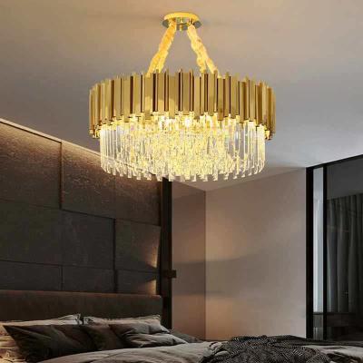 China Lámpara de techo de cristal transparente rectangular dorada, gran candelabro colgante en venta
