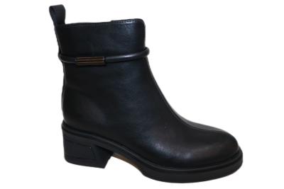 China Women's Black Genuine Leather Ankle Boots with Metal Strap & Chunky Heel for sale