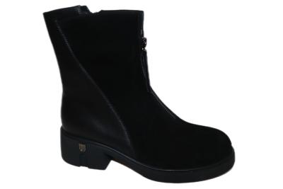 China  Women's Black Leather & Suede Ankle Boots with Front Zipper & Block Heel for sale