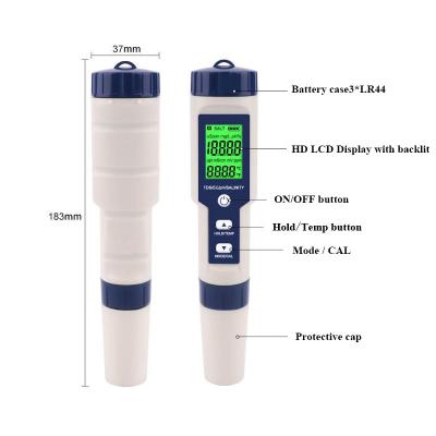 China 5 in 1 PH/Zoutgehalte/Temp/TDS/EC Testmeter TP16 Water Digitale Tester Ideale detector Te koop