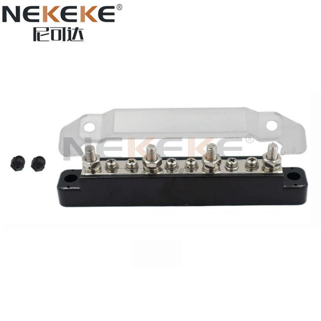 Close-up view of marine bus bar terminal connections