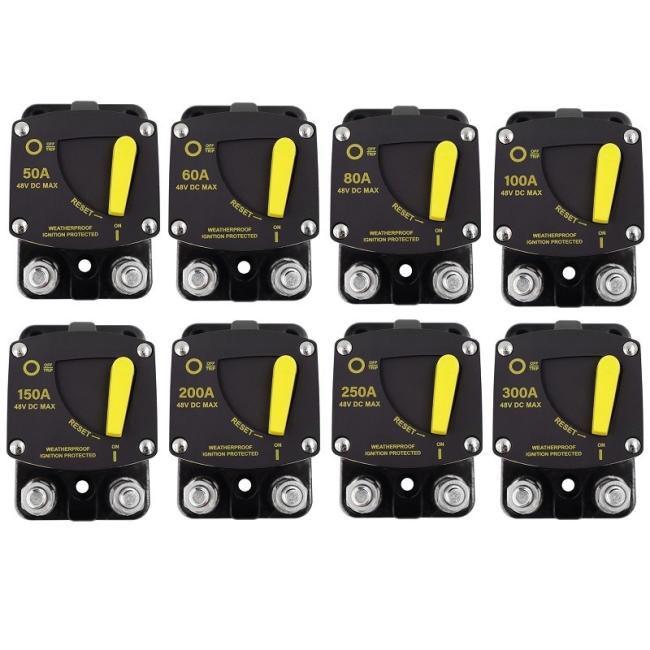 Close-up view of circuit breaker terminals