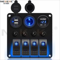 China 4 Gang Rocker Switch Panel With Circuit Breaker Dual USB Socket Power Socket Voltmeter for sale