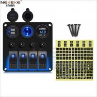 China 4 Gang Rocker Switch Panel With Circuit Breaker Dual USB Socket Power Socket Voltmeter for sale
