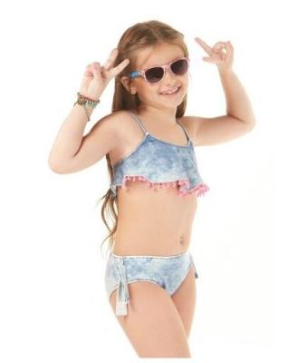China Girls Washed Denim Ruffled Crop Top Bikini - Pompom for sale