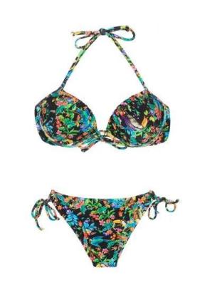 China Black Balconette Top Bikini Featuring Multicoloured Flowers - Reality Flower Balconet for sale