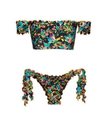 China Black Floral Crop-top Bikini With Sleeves - Reality Flower Off Soulder for sale