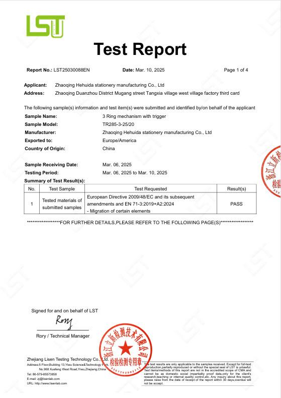 Test Report - Zhaoqing Hehuida Stationery Manufacturing Co., Ltd