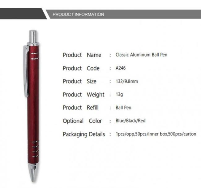 Classic Metal Ballpoint Pen Aluminum Promotion Logo Press Ball Pen 1