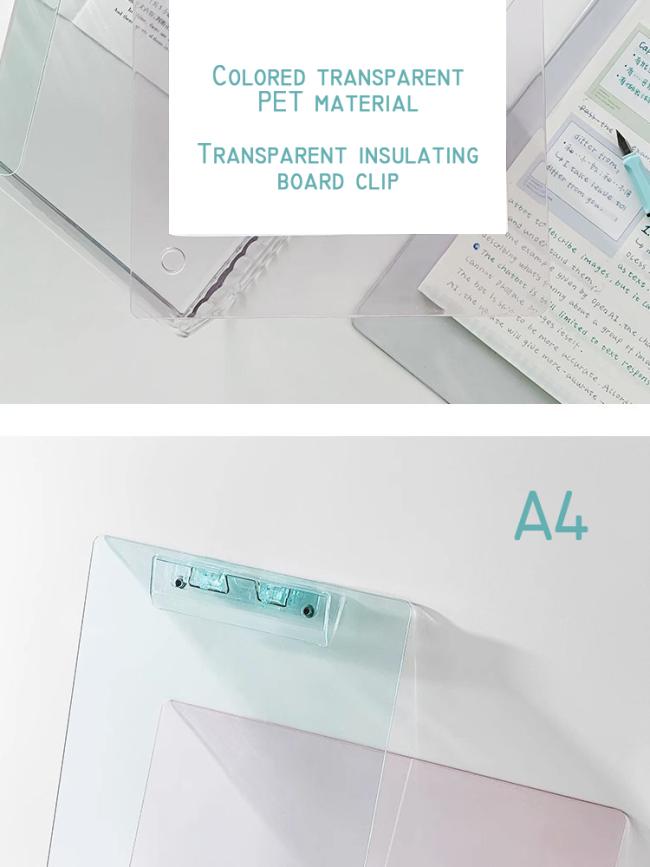 PET material transparent ins wind board clip for A4 file folder, exam papers storage, receipts organization, writing board pad