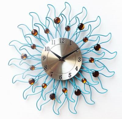 China 15 Inch Flower Shape with Cristal Bead Blue Metal Quartz Wall Clock for Home Decoration for sale