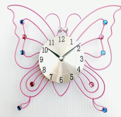 China 25cm Pink Butterfly Shape Metal Quartz Wall Clock with Black Clock Hand for sale