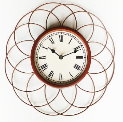 China Diameter 15 Inch Round Metal Brown Frame with Yellow Panel Wall Clock for sale