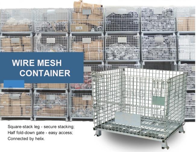 Specification of rigid foldable wire mesh basket Same design, different sizes Model No. 	Exterior Dimension	Wire Guage 	Grid Size	Loading Capacity	Loaded in 1x40'GP  	LxWxH(mm) 	mm	mm	kg	sets HML-W1	1030x840x850	6	50x50	1300	470 HML-L1	1030x840x850	6	50x50	800	470 HML-W2	1230x1040x890	6.2	50x50	1700	320 HML-L2	1230x1040x900	6.2	50x50	1200	320 HML-S1	1230x1040x950	6.2	50x50	1700	320 HML-W3	1030x840x500	6	50x50	800	470 Material	Mild steel Q235 Application area	Warehouse, logistic, recycling industry Finish	Zinc/hot dip galvanized/powder coating Remark	Costomized or OEM support Main features	1.Collapsible-save space when not in use,ideal for return journeys  2.Standard half-hinged gate access  3.Long lasting,economical alternative to disposable packing 4.Open wire mesh design allows for full visibility for inventory checks, ventilation and cleaness. Rigid foldable collapsible steel metal wire mesh basket for storage Square-stack leg - secure stacking; Half fold-down gate - easy access; Connected by helix