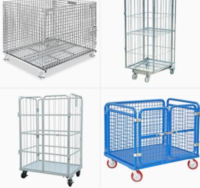China Stackable Collapsible Foldable Wire Mesh Iron Metal Trolley Steel Cage Pallet with Wheels for sale