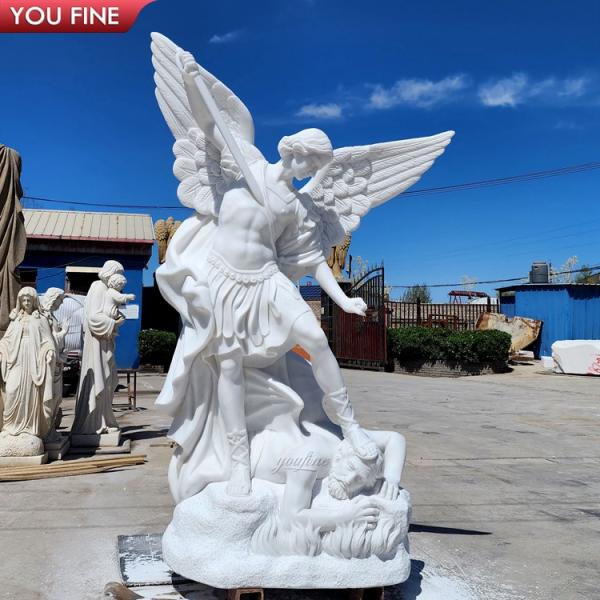 Quality Outdoor Church Religious White Life Size Marble Saint Michael Angel Statue Stone for sale
