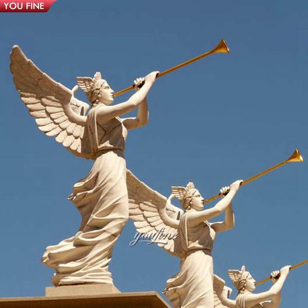 Quality Outdoor Garden Life Size Hand Carved Marble Stone Angel Horn Statue Sculpture for sale