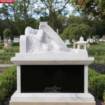 China Outdoor Natural White Marble Sleeping Angel Statue Bench Headstone for sale