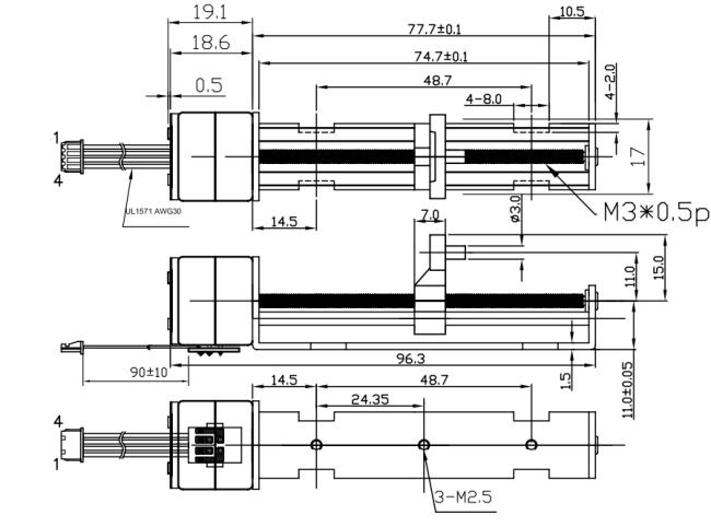 Technical drawing of stepper motor dimensions