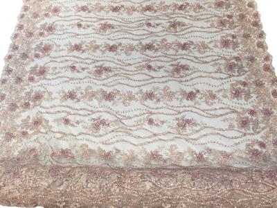 China 47 Inch Pink Embroidered Heavy Beaded Lace Fabric By The Yard With Scalloped Edge for sale