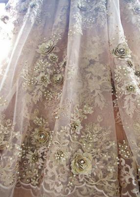 China 120cm Wide 3D Flower Lace Fabric , Polyester Bridal Metallic Gold Lace Fabric for sale