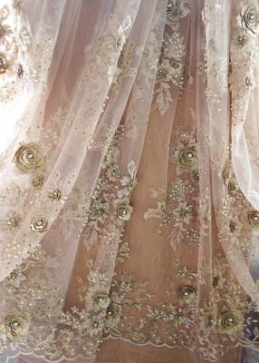 China 120cm Wide 3D Flower Lace Fabric , Polyester Bridal Metallic Gold Lace Fabric for sale