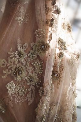 China 120cm Wide 3D Flower Lace Fabric , Polyester Bridal Metallic Gold Lace Fabric for sale