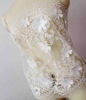 China Beautiful White 3D Flower Lace Fabric , Double Edge Alencon Beaded Lace Fabric for sale