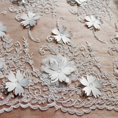 China Beautiful White 3D Flower Lace Fabric , Double Edge Alencon Beaded Lace Fabric for sale
