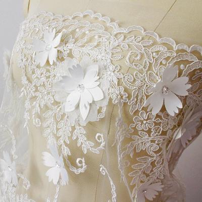 China Beautiful White 3D Flower Lace Fabric , Double Edge Alencon Beaded Lace Fabric for sale