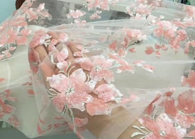 China Rich Beaded Flower Net Fabric With Sequins , Bridal Lace Fabric By The Yard for sale