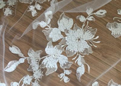 China Rich Beaded Flower Net Fabric With Sequins , Bridal Lace Fabric By The Yard for sale