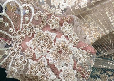 China Champagne Gorgeous Flowers Sequin Lace Fabric With Dot Scalloped For Party Gown for sale