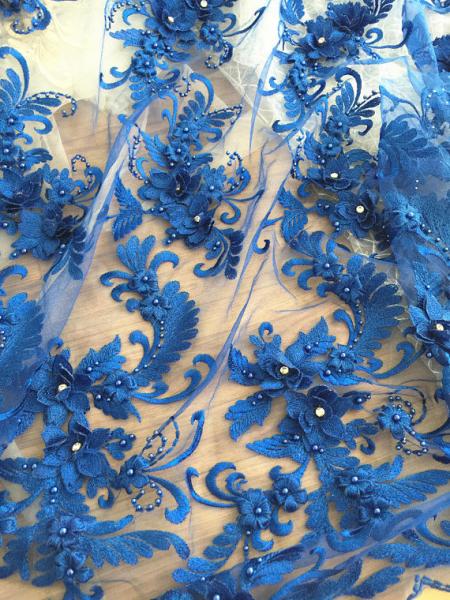 el diamante artificial 3D goteó la tela de Tulle, tela bordada del cordón del azul real para el vestido nupcial