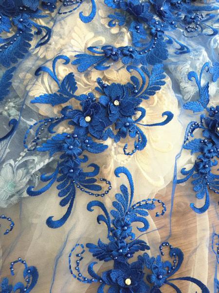 el diamante artificial 3D goteó la tela de Tulle, tela bordada del cordón del azul real para el vestido nupcial