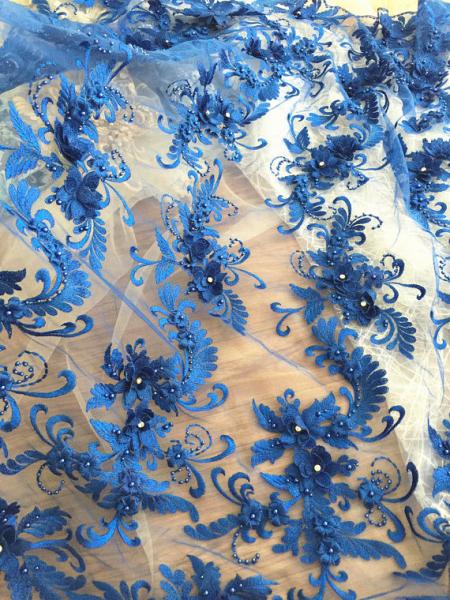 el diamante artificial 3D goteó la tela de Tulle, tela bordada del cordón del azul real para el vestido nupcial