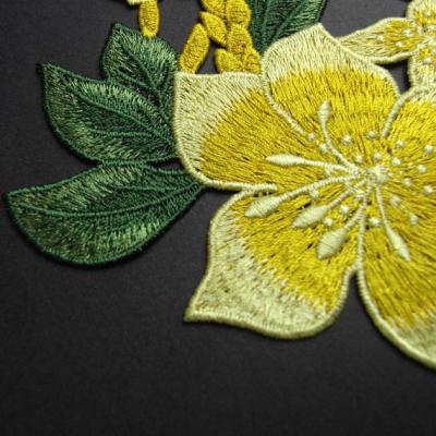 China Yellow Flower Sew On Embroidered Patches Lace Appliques For Clothing 14 X 32 CM for sale
