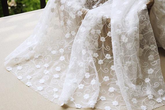 Floral Pattern Nylon Lace Fabric Embroidered Tulle Fabric For Wedding Dress