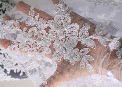China Embroidery Pearl Floral Corded Lace Fabric , White Bridal Lace Fabric With Scalloped Edge  for sale