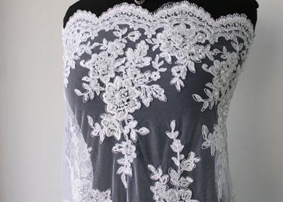 China Embroidery Pearl Floral Corded Lace Fabric , White Bridal Lace Fabric With Scalloped Edge  for sale