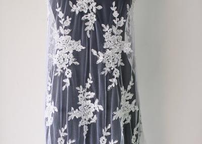 China Embroidery Pearl Floral Corded Lace Fabric , White Bridal Lace Fabric With Scalloped Edge  for sale